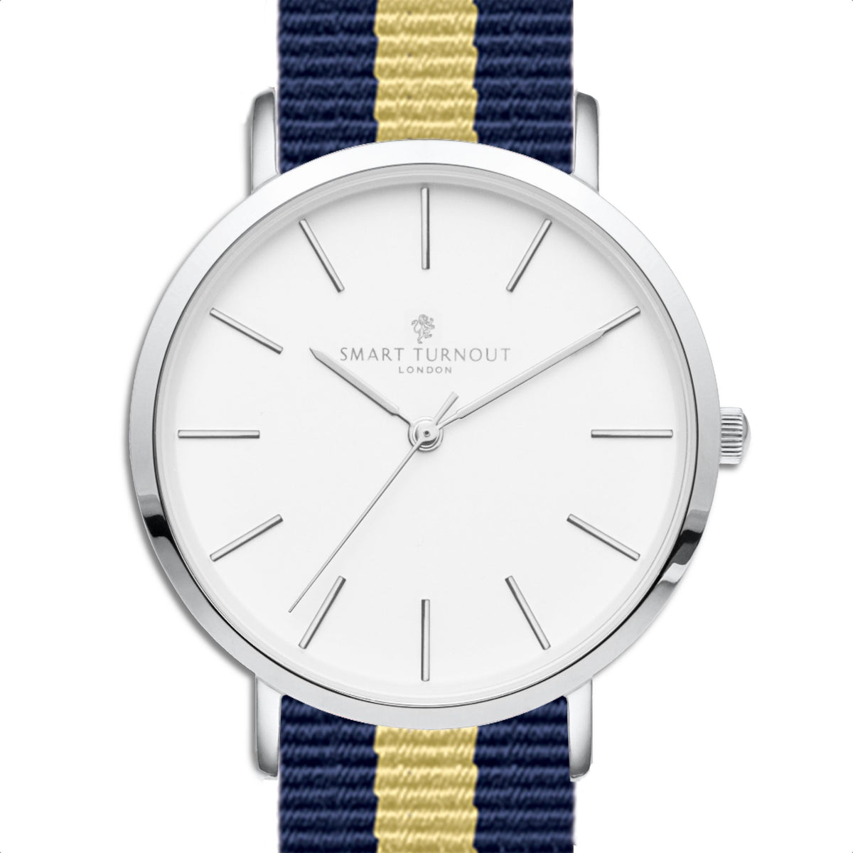 Master Petit Watch (Silver), Navy Blue and Yellow Striped NATO Watch S ...